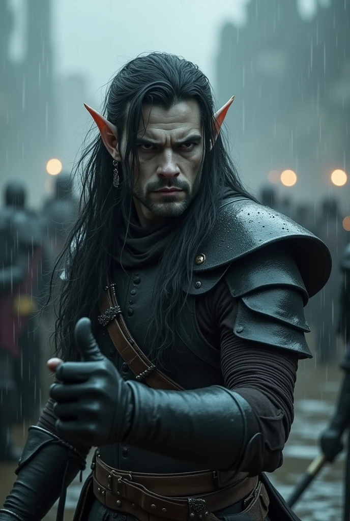 A gray-skinned man, pointed elf ears, black hair, light black leather ...