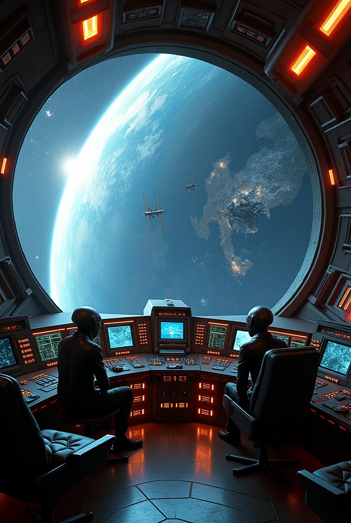 A massive alien spaceship's cockpit, featuring advanced control panels ...