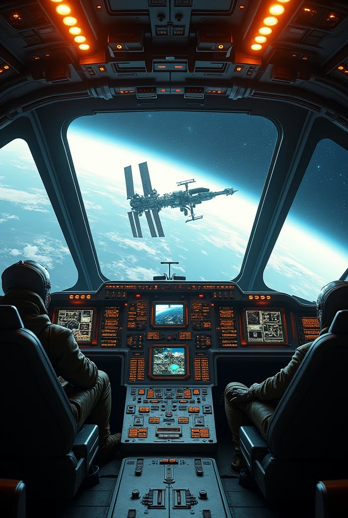 A massive alien spaceship's cockpit, featuring advanced control panels ...