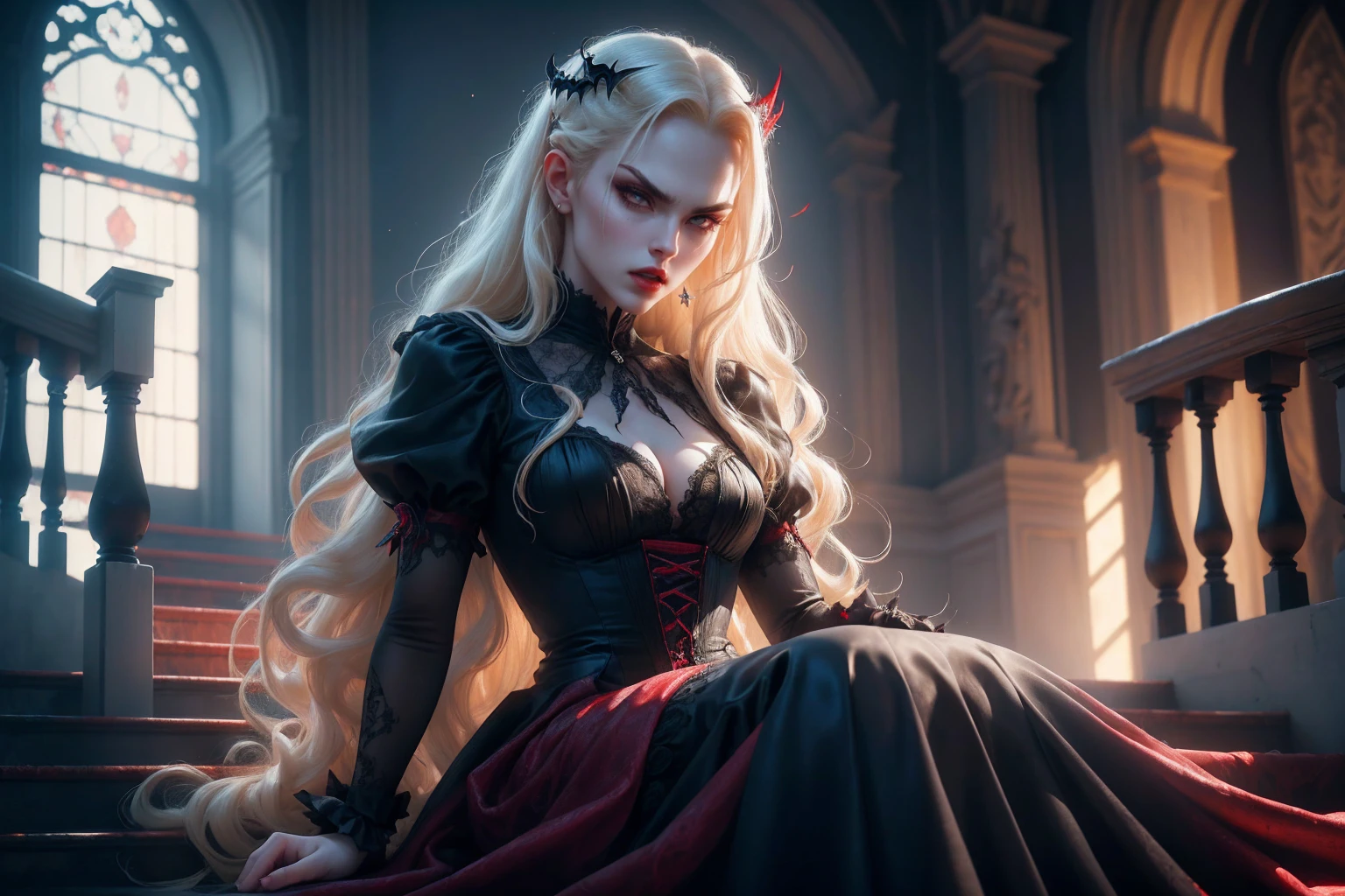 (beautiful vampire woman, pale skin, very long blonde hair, - SeaArt AI