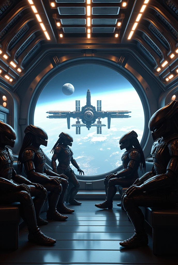 A futuristic control room inside a massive spaceship occupied by Predators - SeaArt AI
