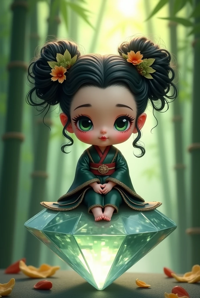 Baby chibi wearing black geisha long rope sitting on a white green ...