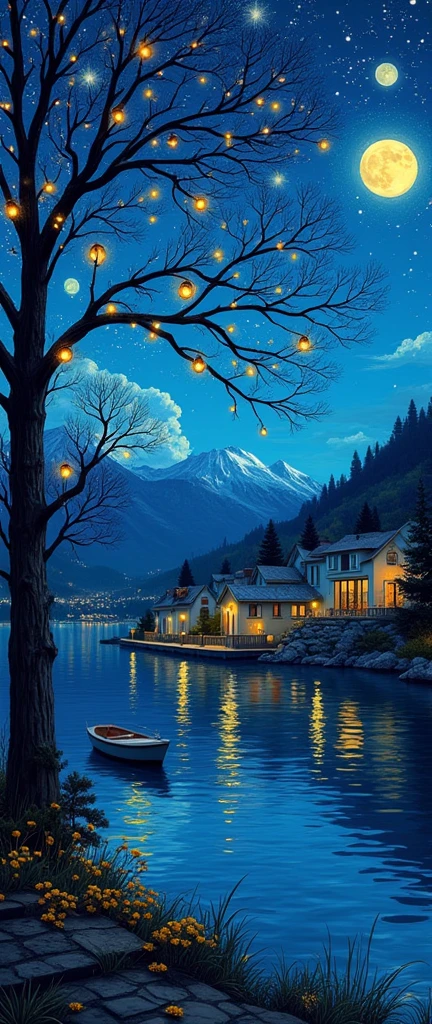Beautiful night view with houses, tree々, Stars in the sky々, water ...