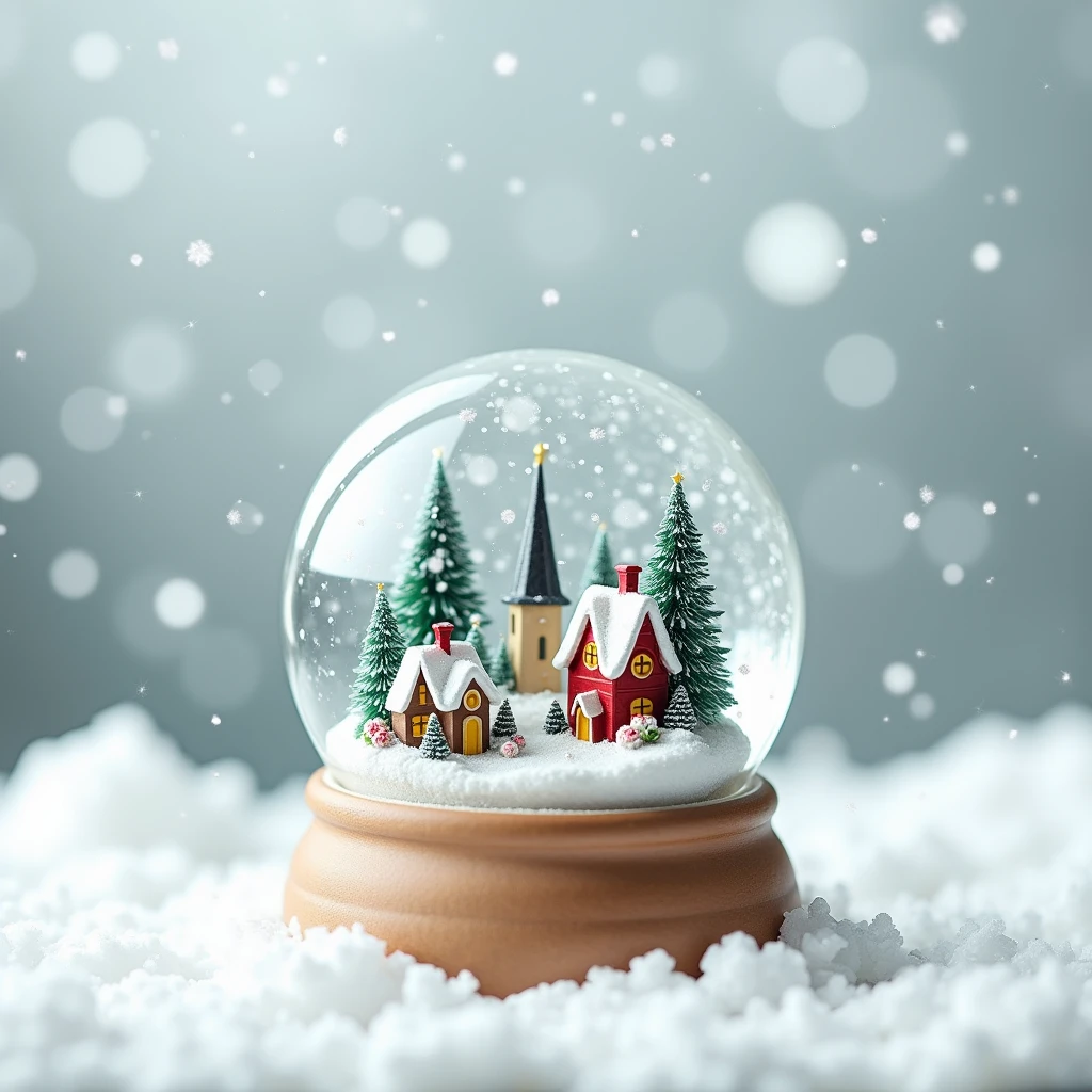 A tiny snow globe with a detailed Christmas village inside, placed on a ...