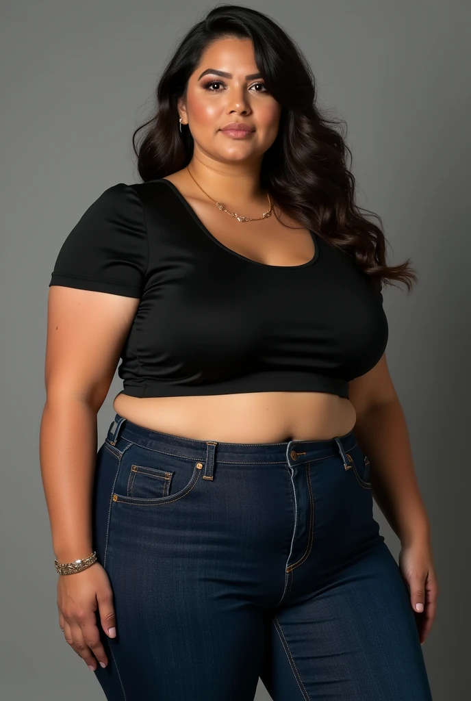 Plus-size model with black crop top and tight dark blue jeans - SeaArt AI