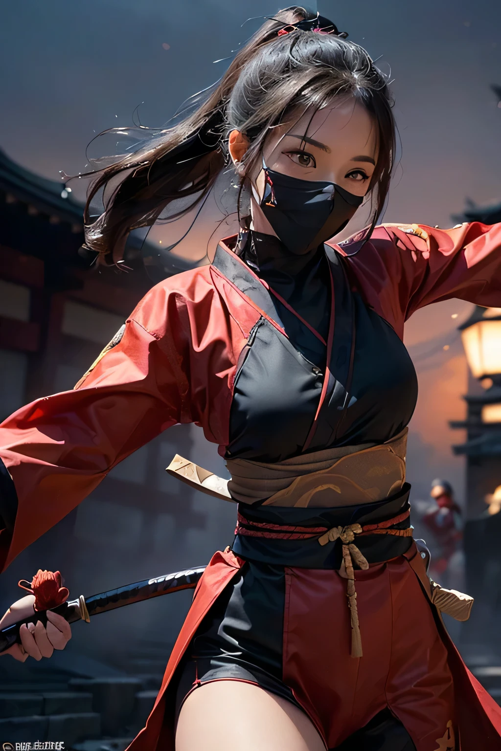 There is a woman in a black and red outfit holding a sword - SeaArt AI