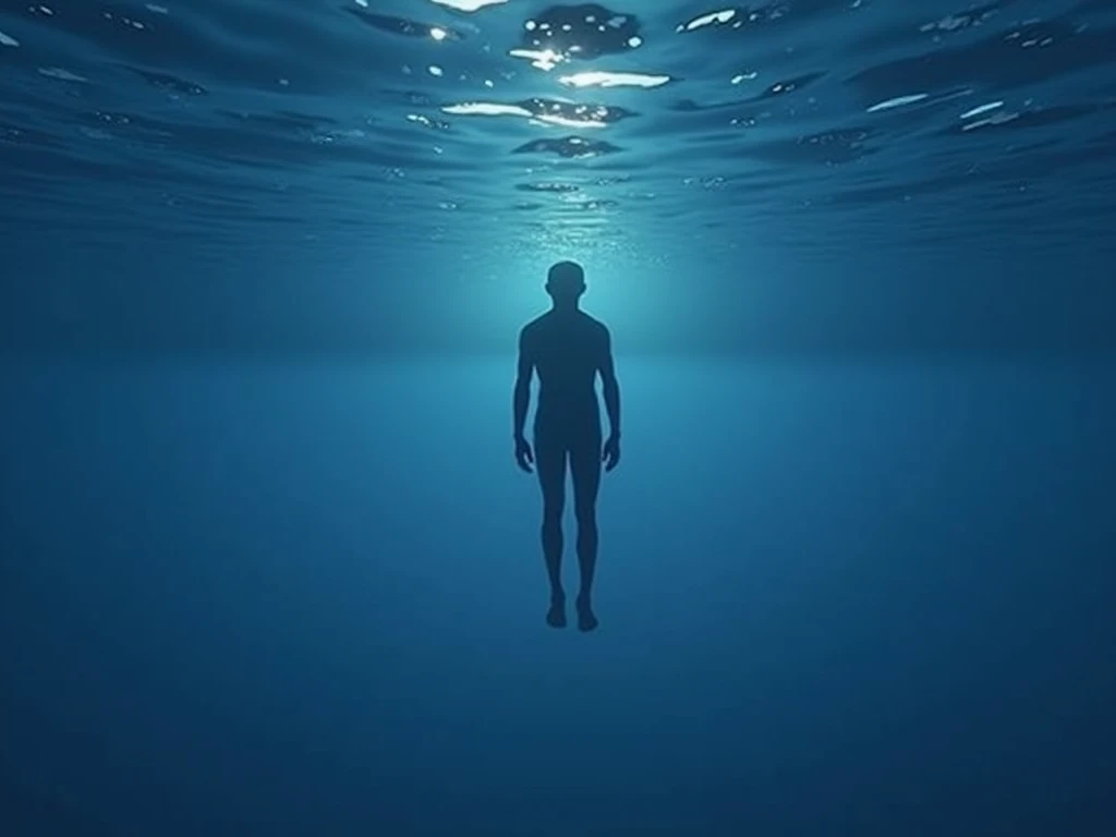 A black void in man form sinking in a calm ocean horizontally - SeaArt AI