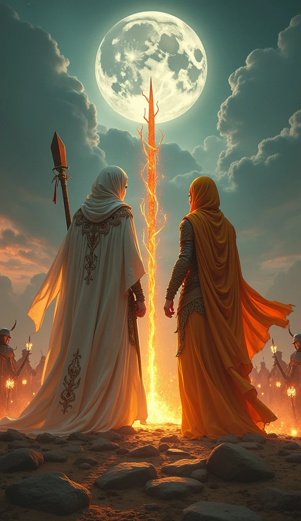 "A dramatic, wide-angle scene depicting Yalda and Azar preparing for an ...