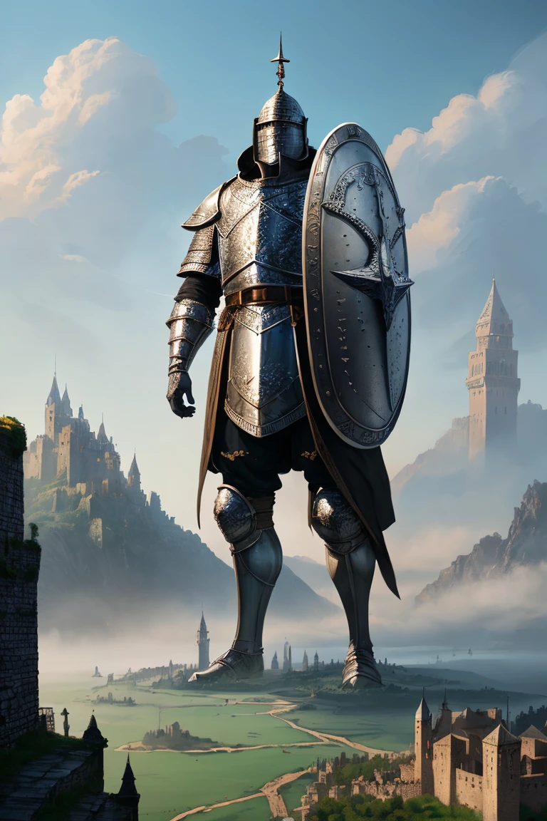 A giant in plate mail armor carrying a tower shield stands over a ...