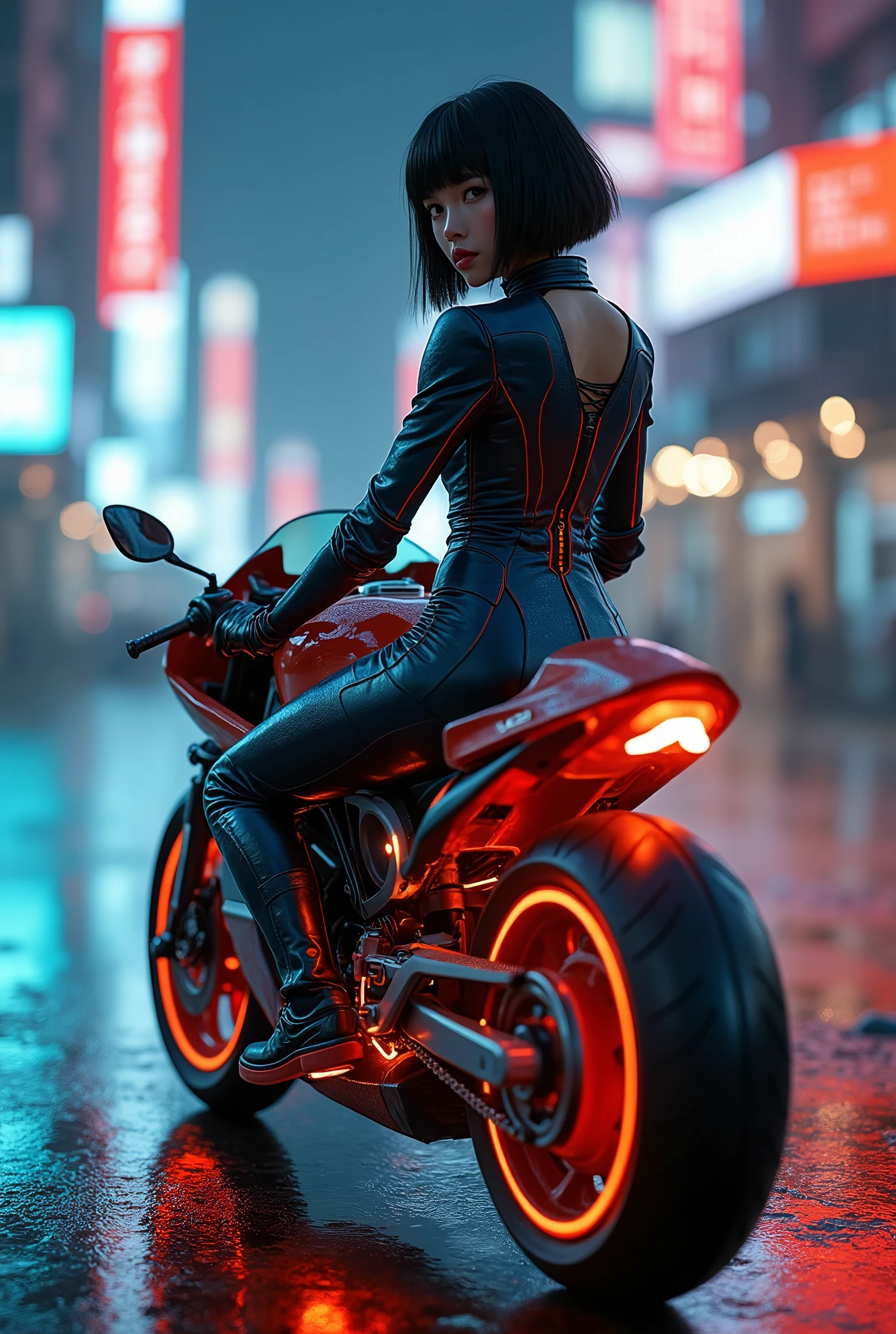Woman in leather outfit sitting on a motorcycle in the rain - SeaArt AI