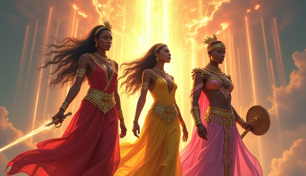 Depict the orishas Iansã, Oxum and Obá in a heavenly setting - SeaArt AI