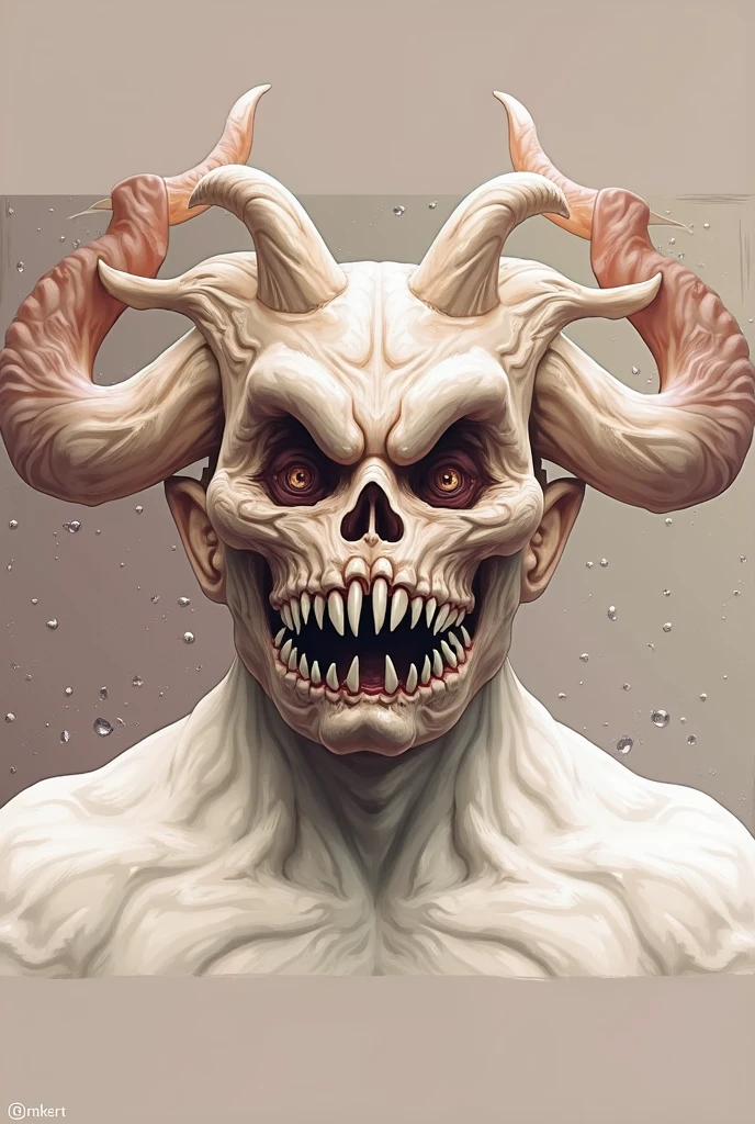 On a white background, a demon with big horns, a skeletal face covered ...