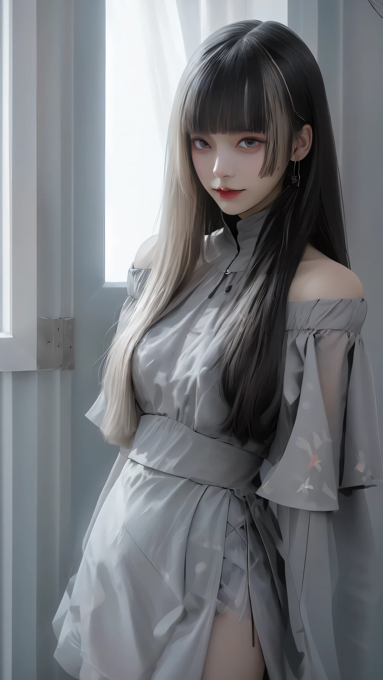 There is a woman with long hair posing in a gray dress - SeaArt AI