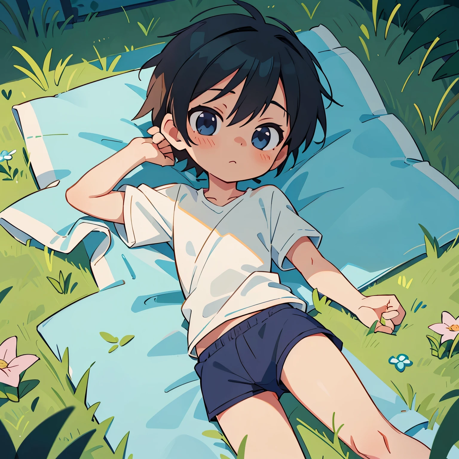 Anime - style image of a girl laying on a blanket in the grass - SeaArt AI