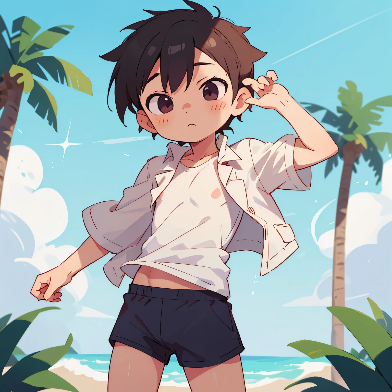 Anime boy in shorts and a white shirt standing on a beach - SeaArt AI