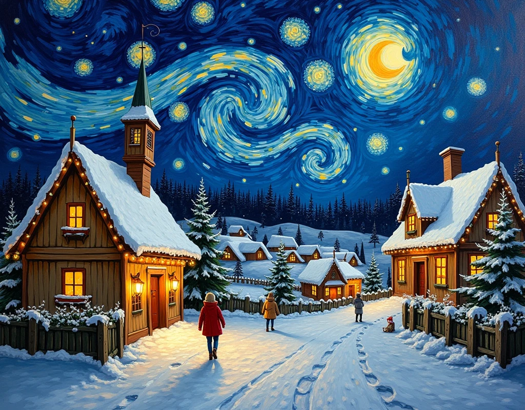 A Christmas interpretation of Van Gogh's 'Starry Night', with a village ...