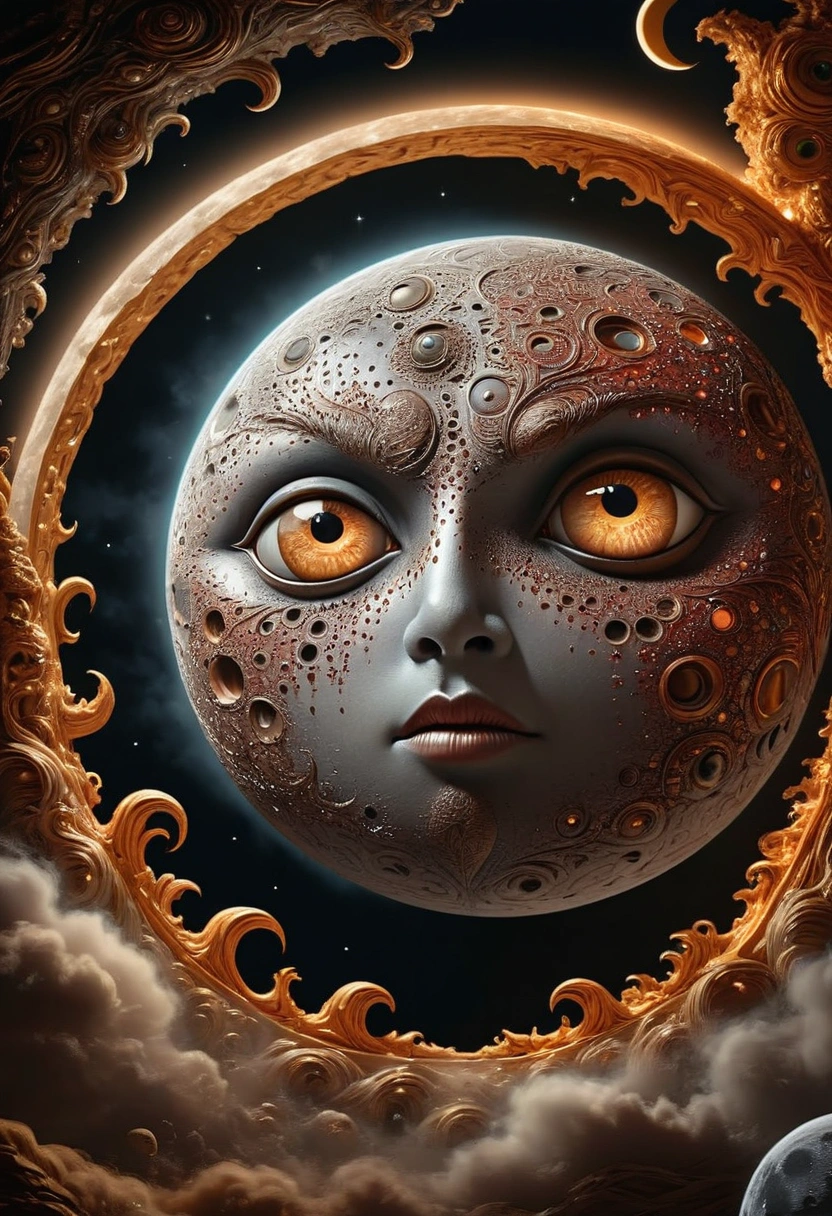 A detailed fantasy drawing of a full moon with many eyes, intricate ...