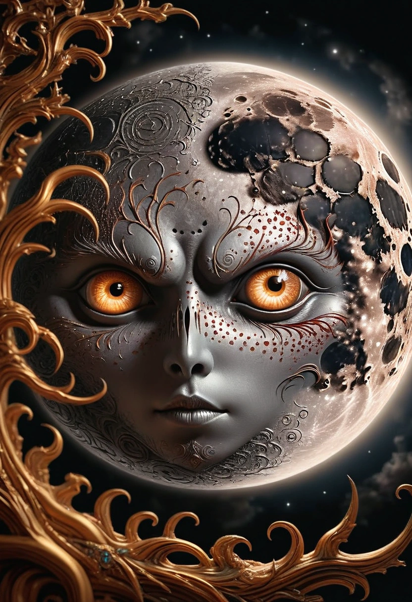 A detailed fantasy drawing of a full moon with many eyes, intricate ...
