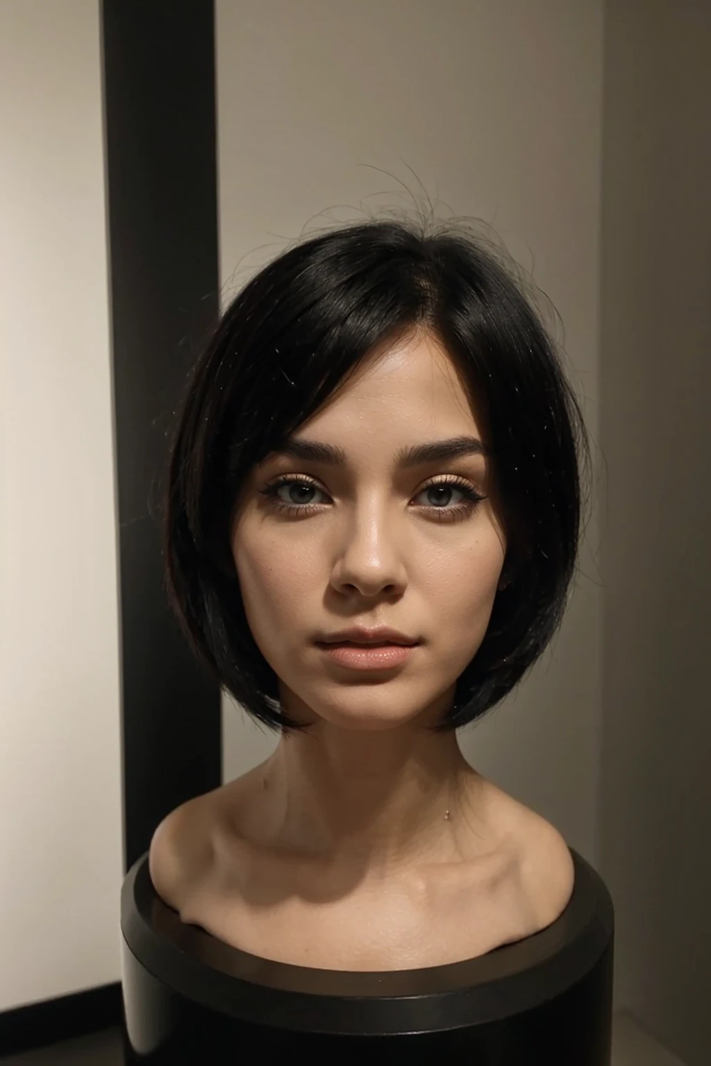 The head of a woman with bob black hair displayed on a pedestal - SeaArt AI