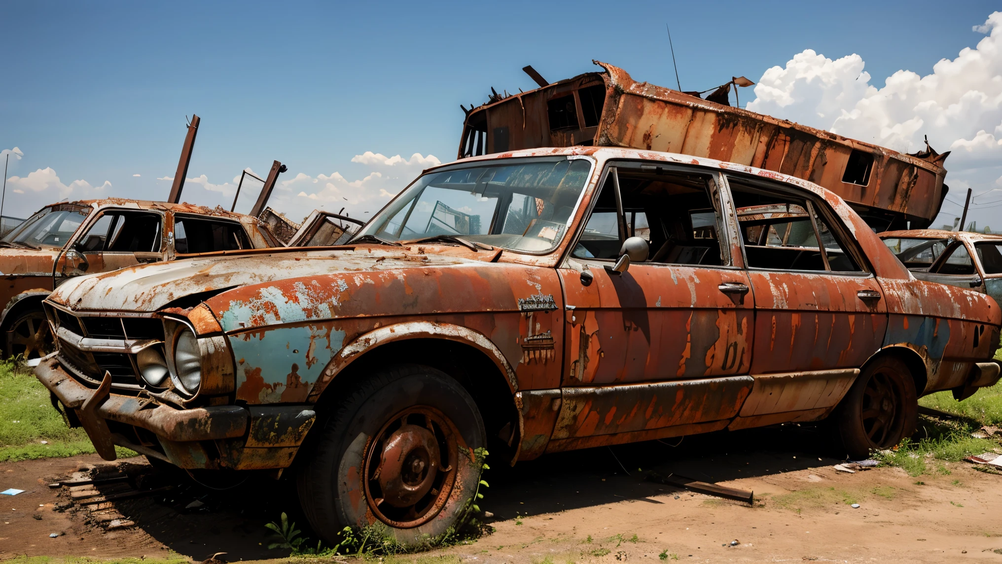 Rusty old cars are parked in a junkyard with a blue sky - SeaArt AI