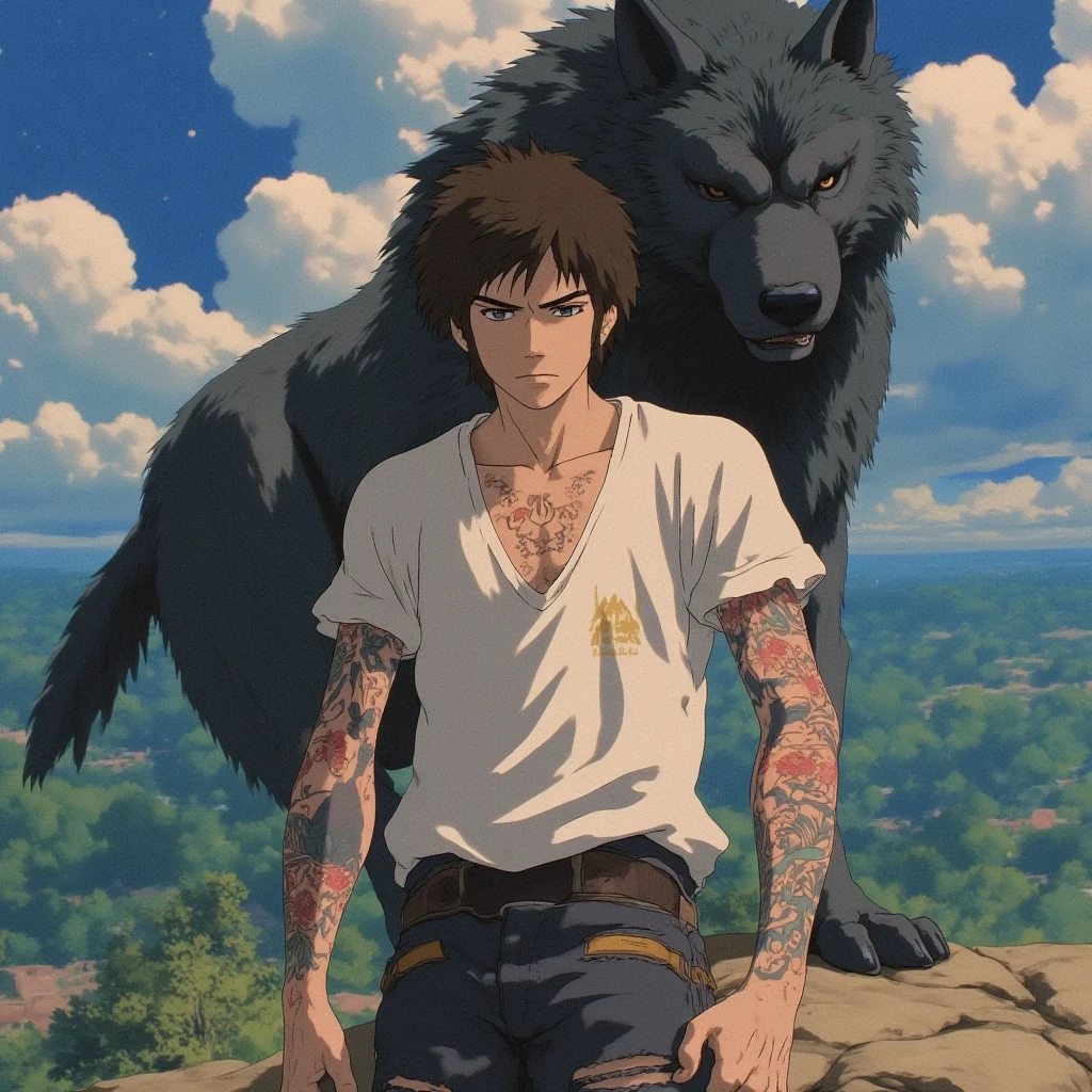 A stylized scene of a rugged young man with full-body tattoos - SeaArt AI