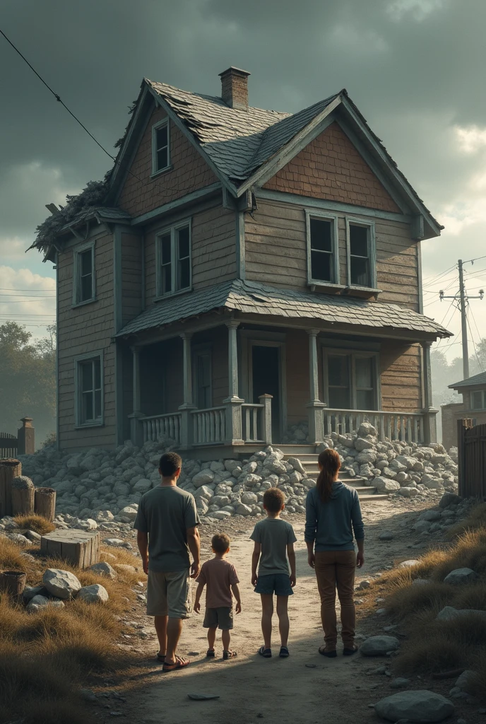 A family watching their house crumble - SeaArt AI