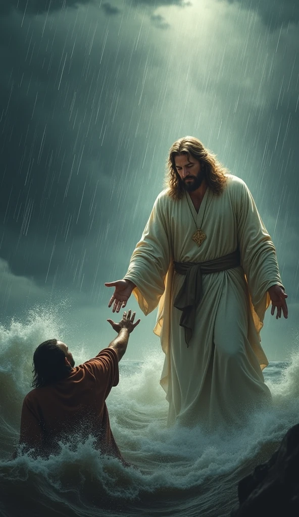 A figure of Jesus in a storm , extending his hand to someone caught in ...