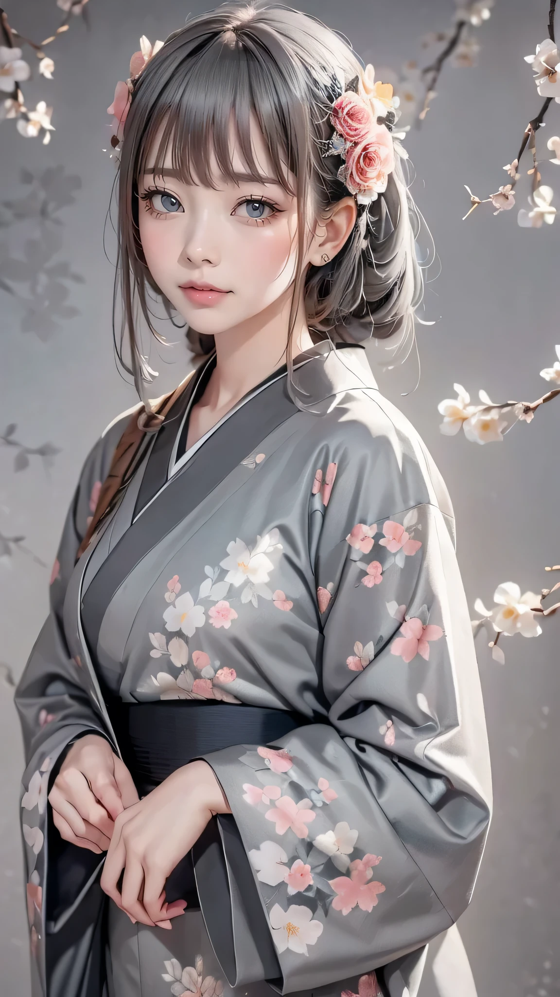 A close up of a woman in a kimono with flowers in her hair - SeaArt AI