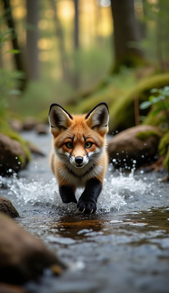 A Fox cub running free in a stream. In a forest - SeaArt AI