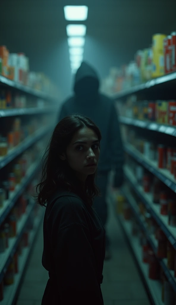 "A dark, narrow supermarket aisle at night, with a terrified young ...