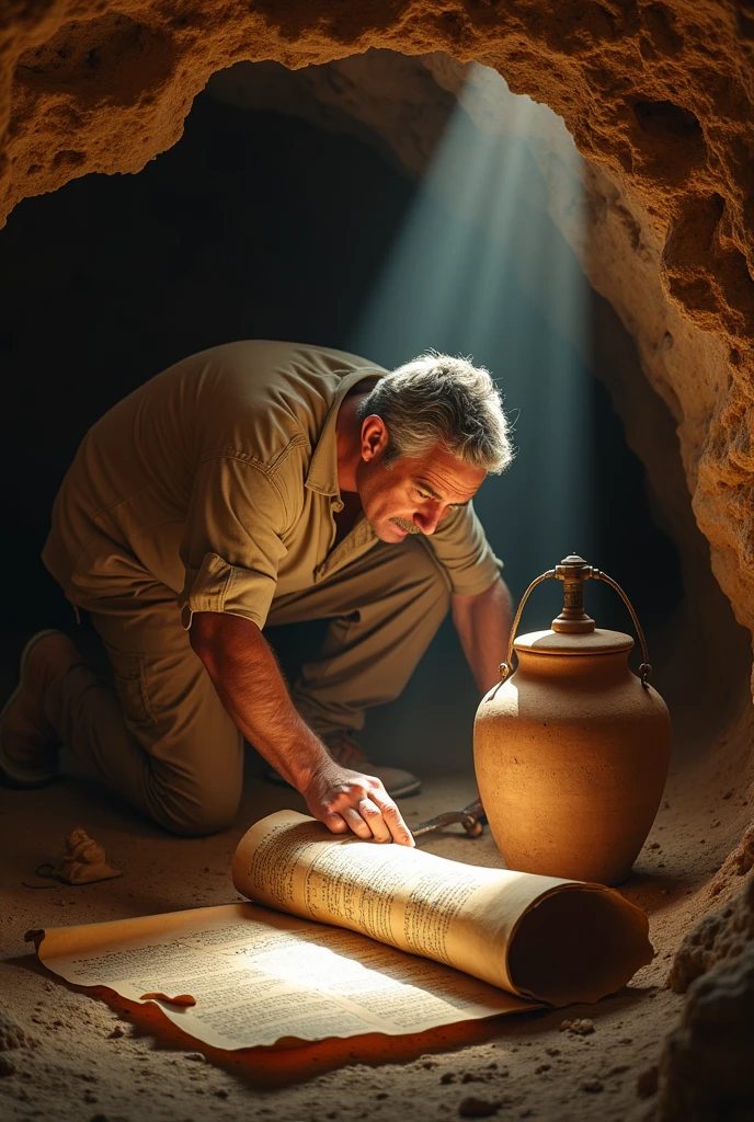 A dramatic scene set in a dimly lit cave near the Dead Sea, where an ...