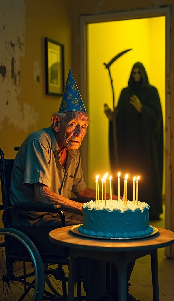 An elderly man with stooped shoulders and a frail appearance sits in a ...