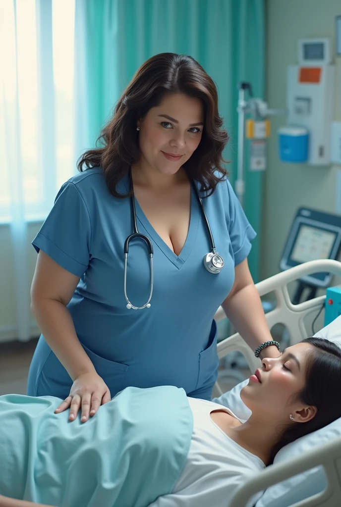 Age Gap. Female nurse with cleavage and huge shapes. Chubby. And his ...