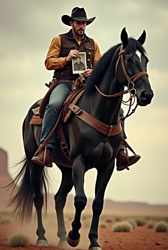 A 25 years old man who is sitting on a black crazy horse and trying to ...