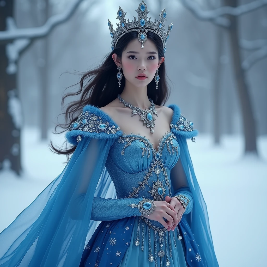 queen of winter in blue dress , dark hair , crown jewelry - SeaArt AI
