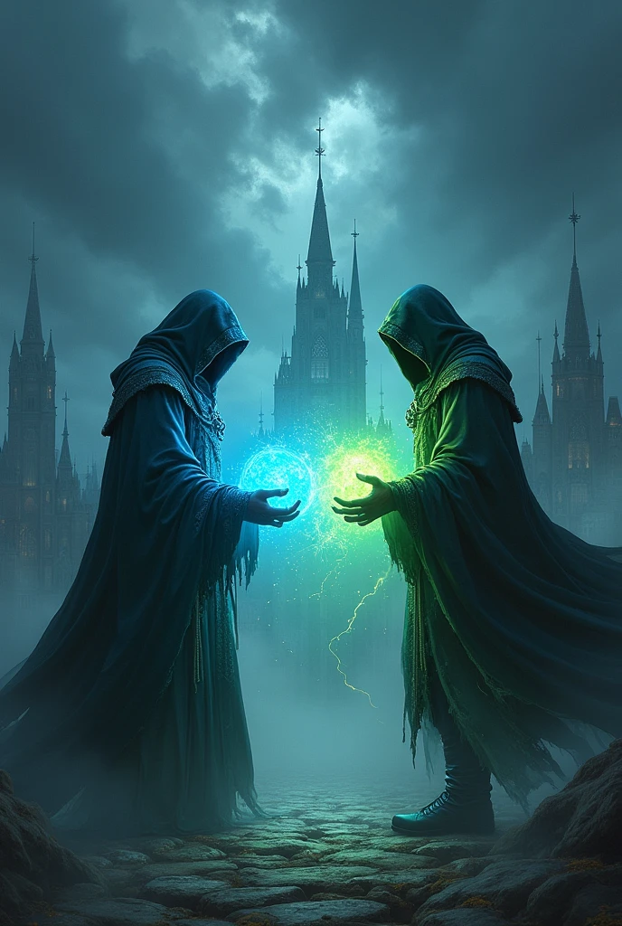 Fantasy digital artwork depicting two wizards in a dramatic ...