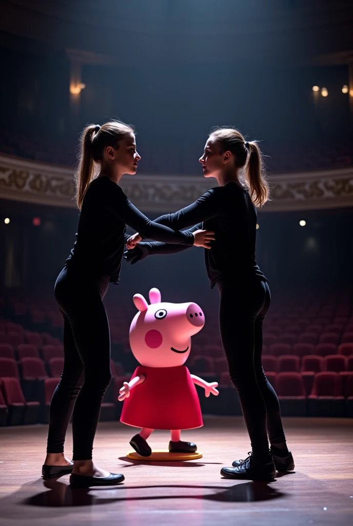 A realistic photo of a brightly lit theatre stage, taken from upstage ...