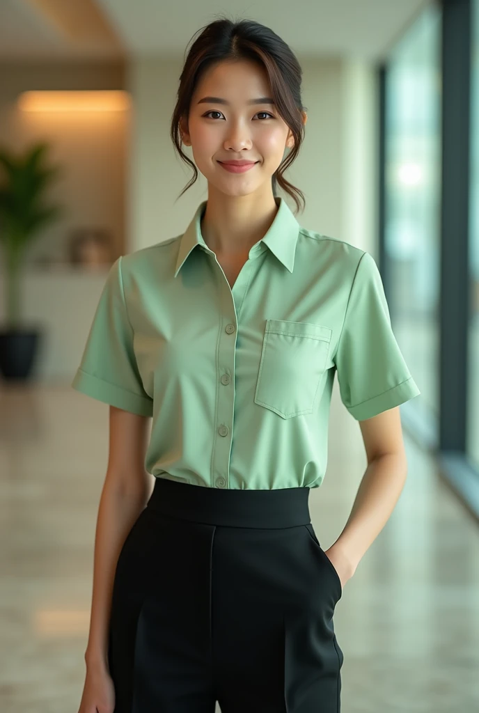 Generate an image of a travel agency uniform with an almost light green ...