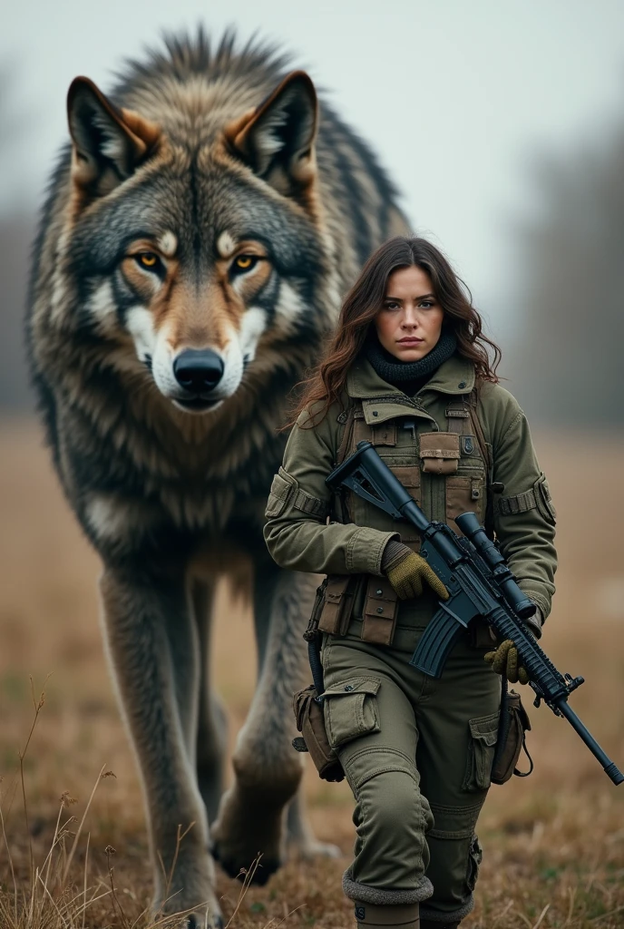 Stunning Italian girl in sniper uniform with a very giant armored wolf ...