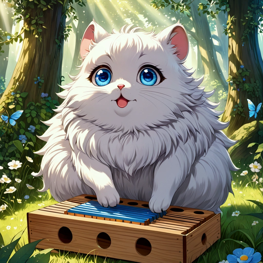 A round furry animal with a blank expression, big eyes, tilting its ...