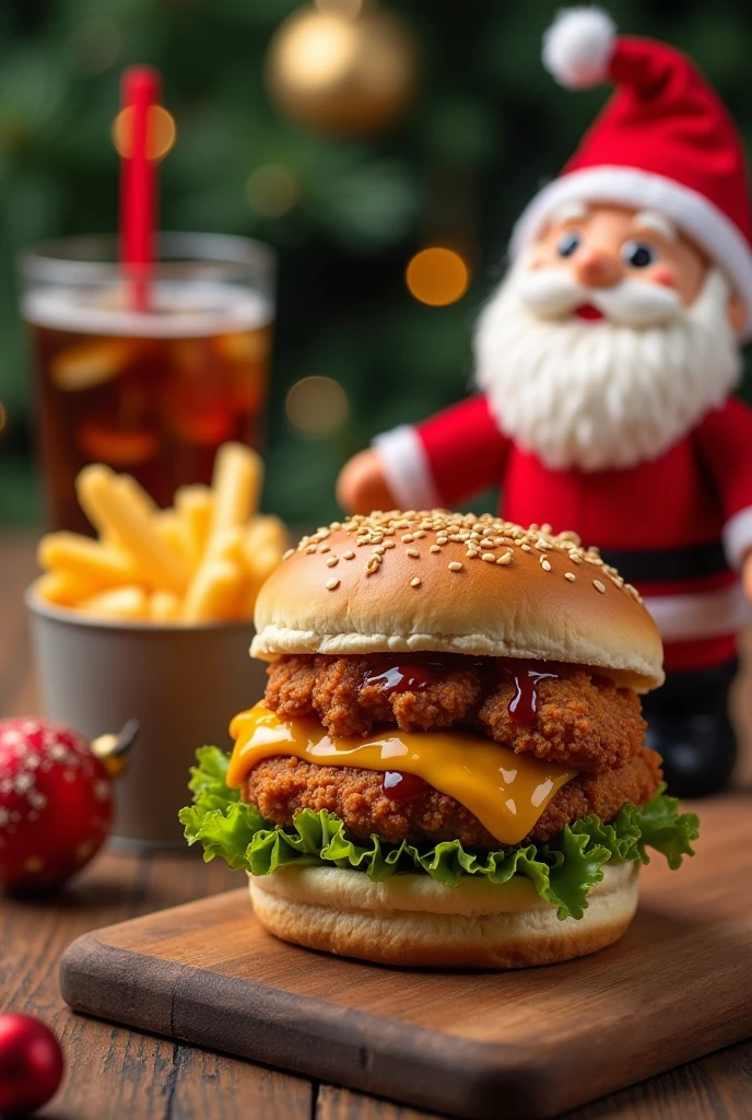 Small santa claus doll sitting, A gurment juicy fried chicken burger ...