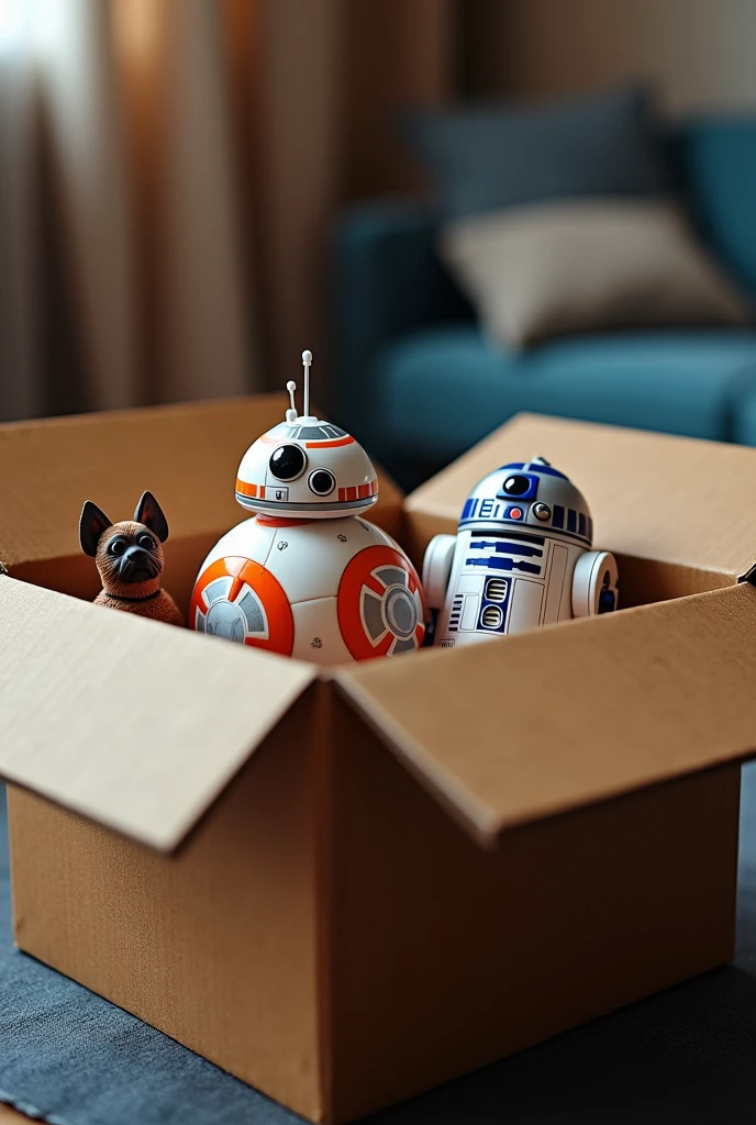 A cardboard box containing Star Wars figurines, featuring BB - SeaArt AI