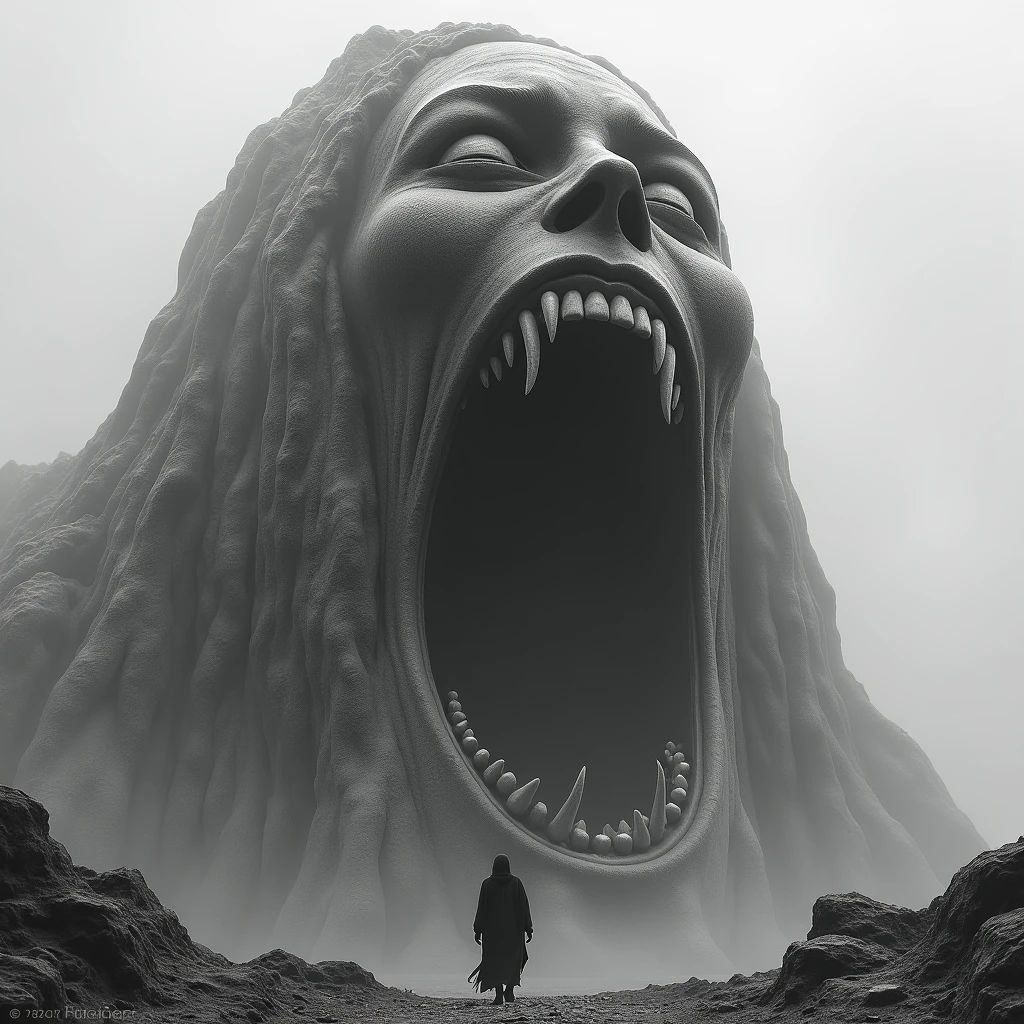 A huge rock woman, Mouth wide on , Creepy Face, realistic, black white ...