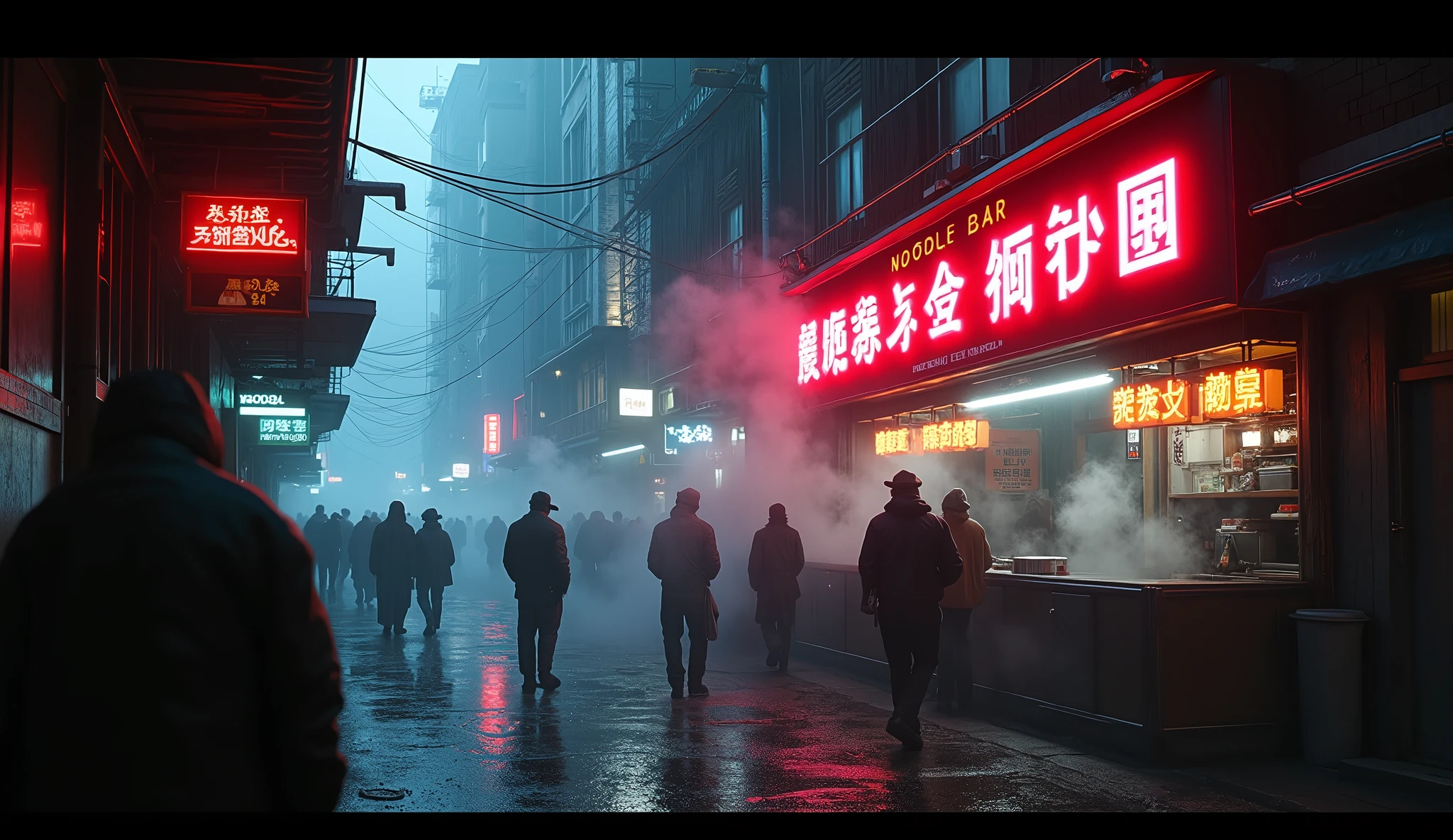 People walking down a street in the rain with neon signs - SeaArt AI