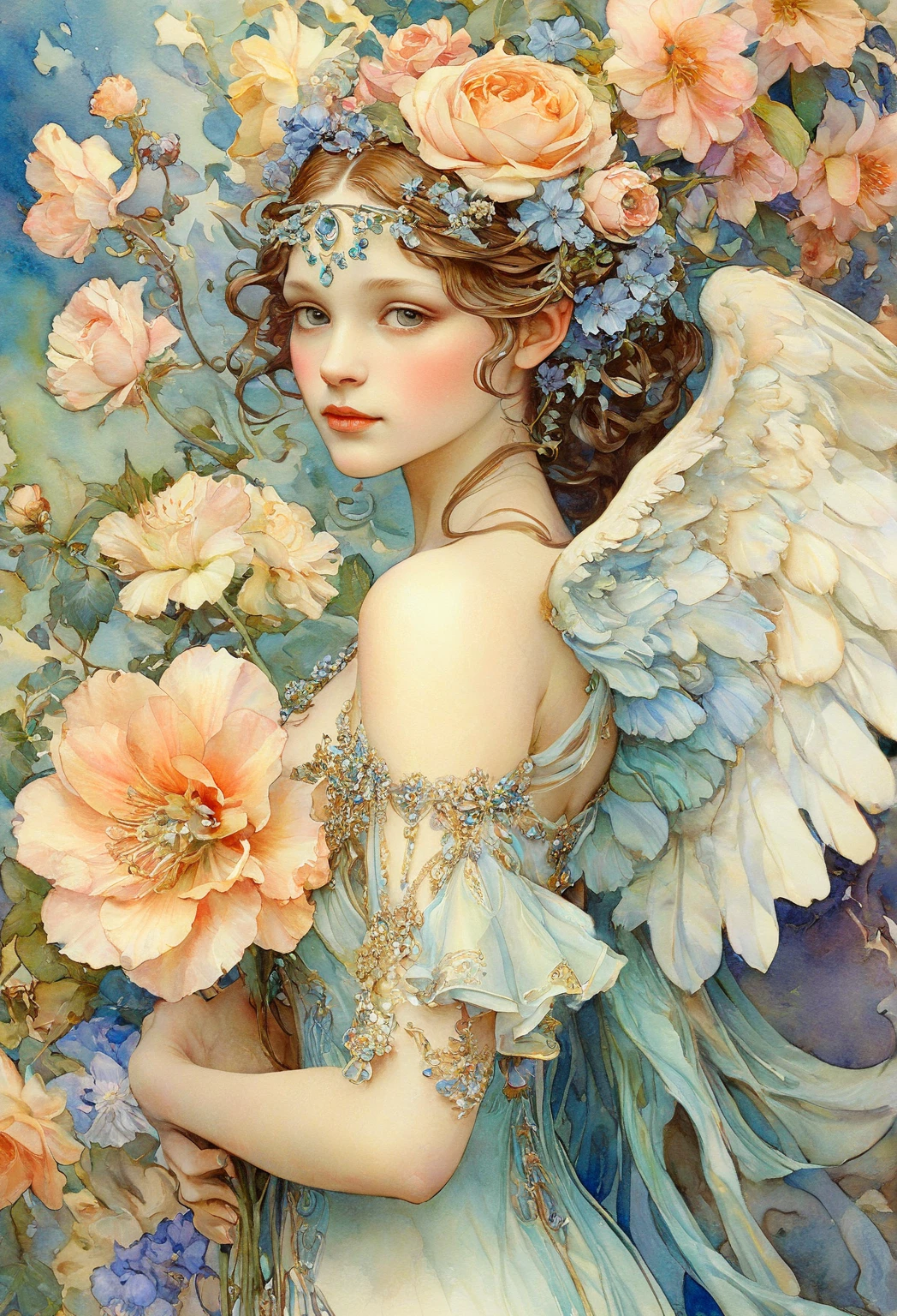 Cute little angel and ermine, Highly detailed watercolor painting ...