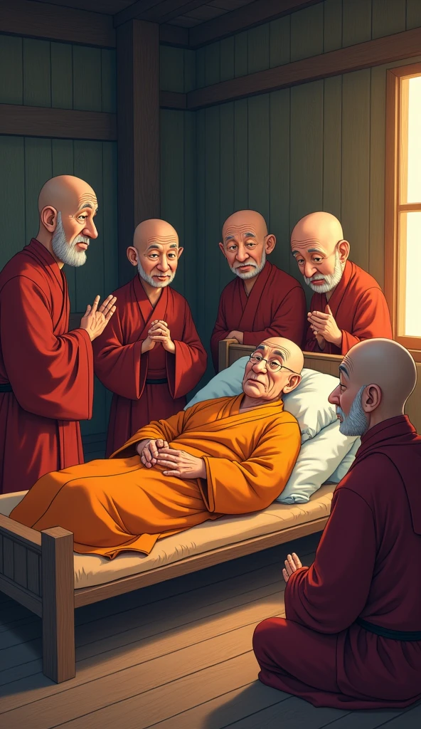 The elderly monk lying in bed and the senior monks are talking to each ...
