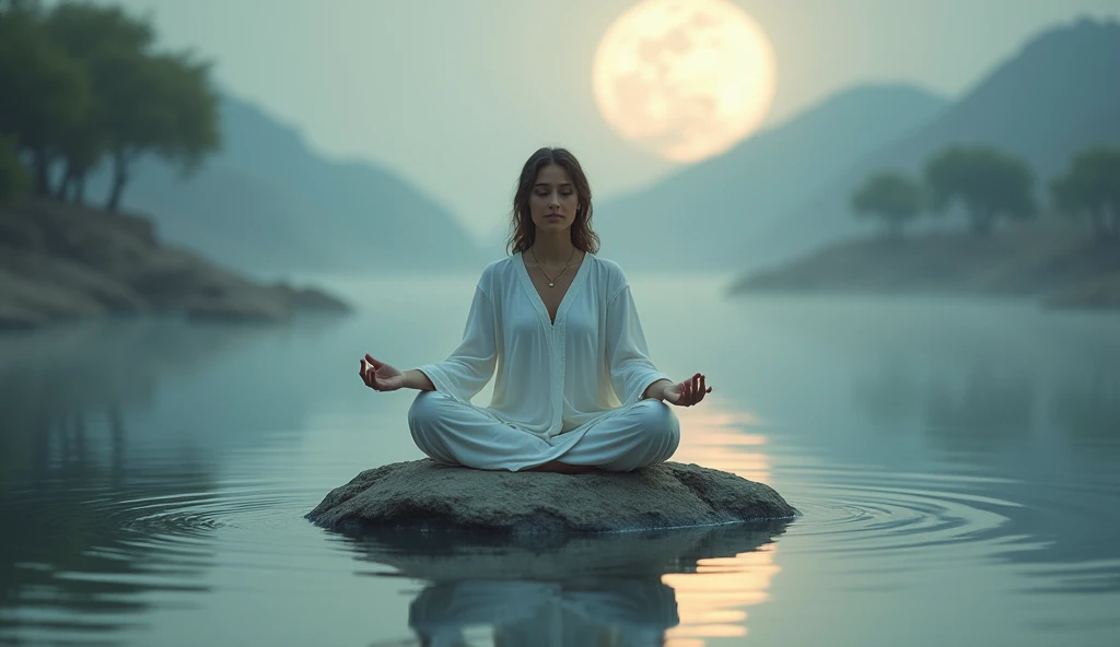 Arabian woman sitting on a rock in front of a lake at night, zen ...
