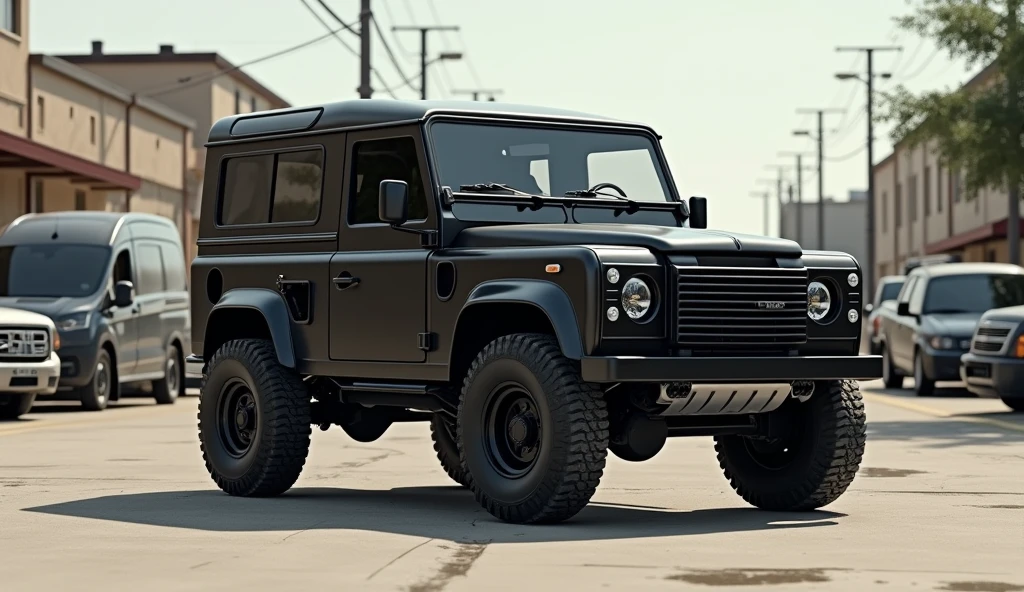 The image shows a rugged, black off-road SUV with a boxy design and ...