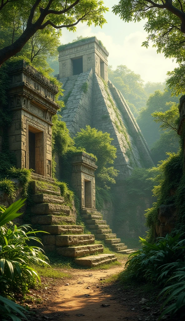 Fais moi un monde azteque dans la jungle avec les temple en ruine et ...