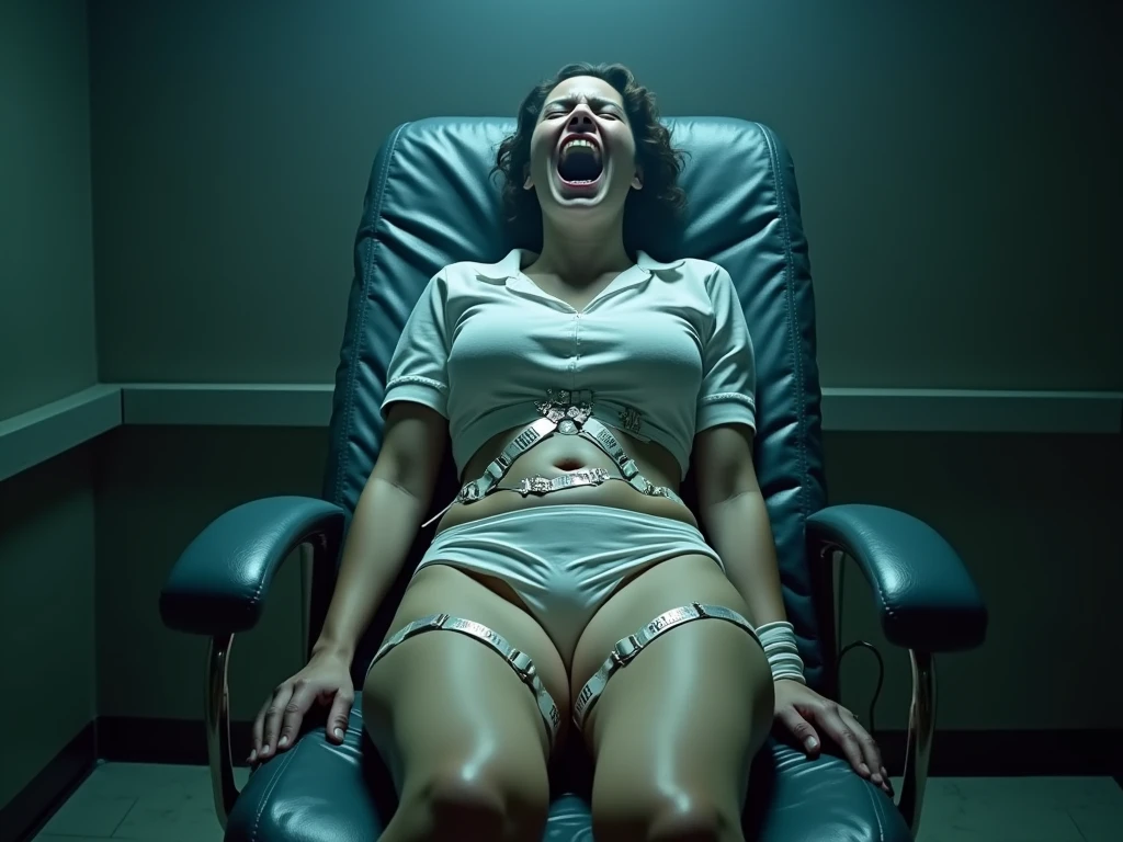 A nurse is restrained in a chair、 being tortured with electric current - SeaArt AI
